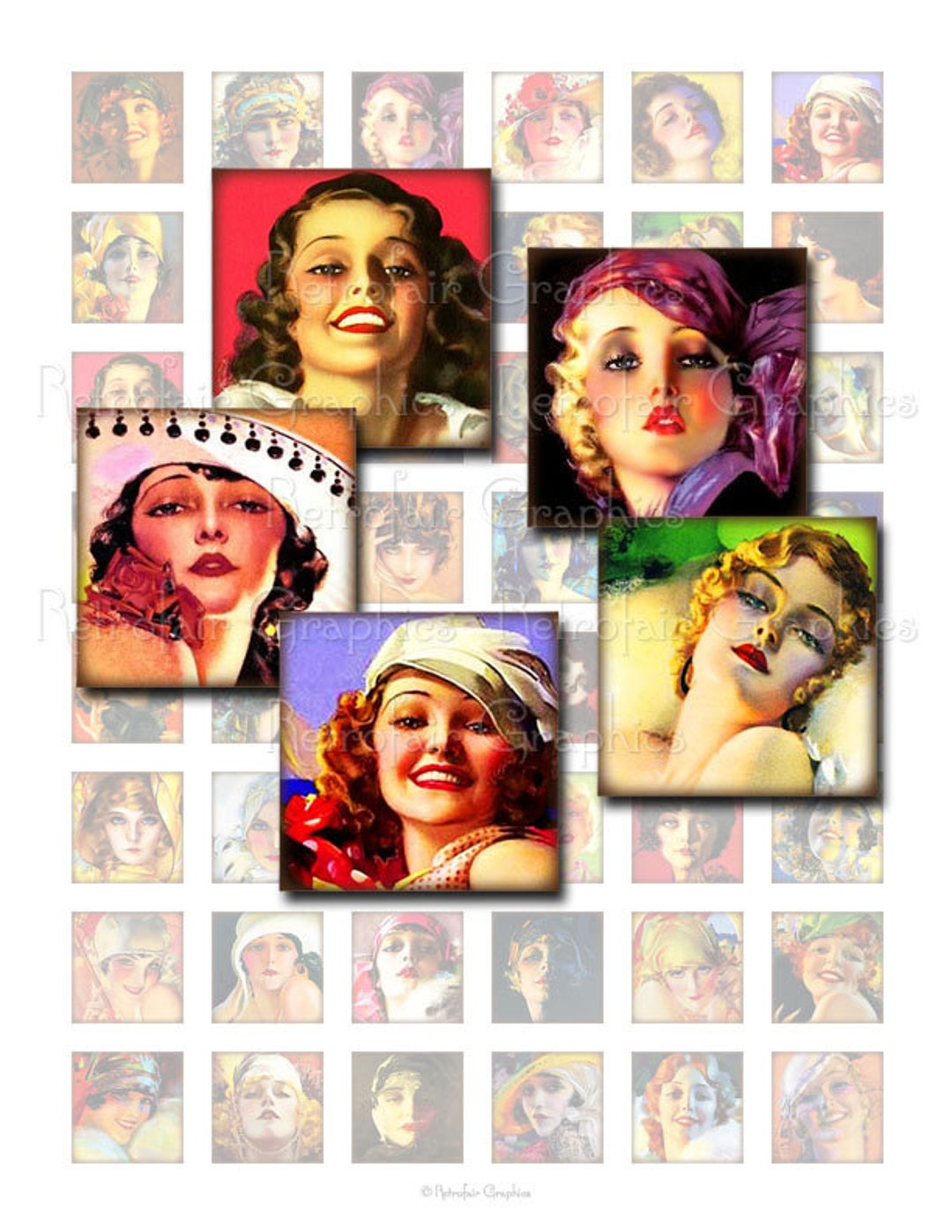 Pin-up Girls Digital Collage Sheet Graphics Pretty Faces 48 1 - Etsy