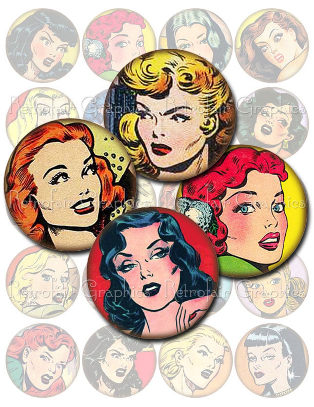 Comic Book Girls, 2 Inch Circles Digital Collage Sheet of Female ...