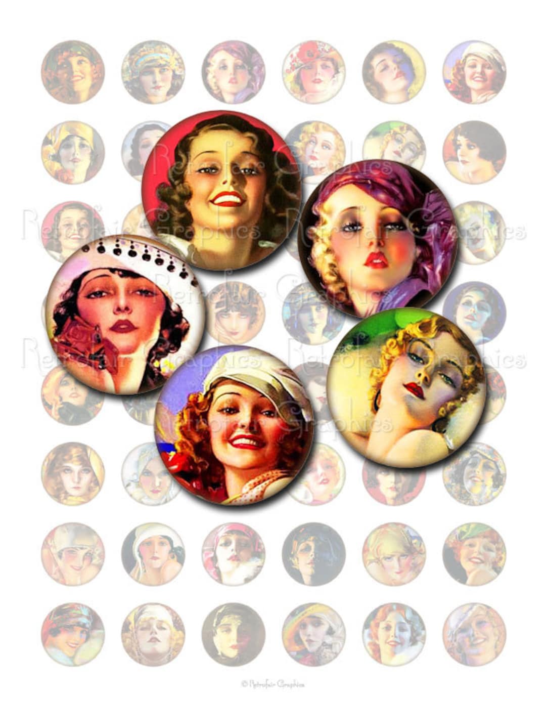Pin up Girl Graphics, Pretty Faces Digital Collage Sheet of 48 1 Inch ...