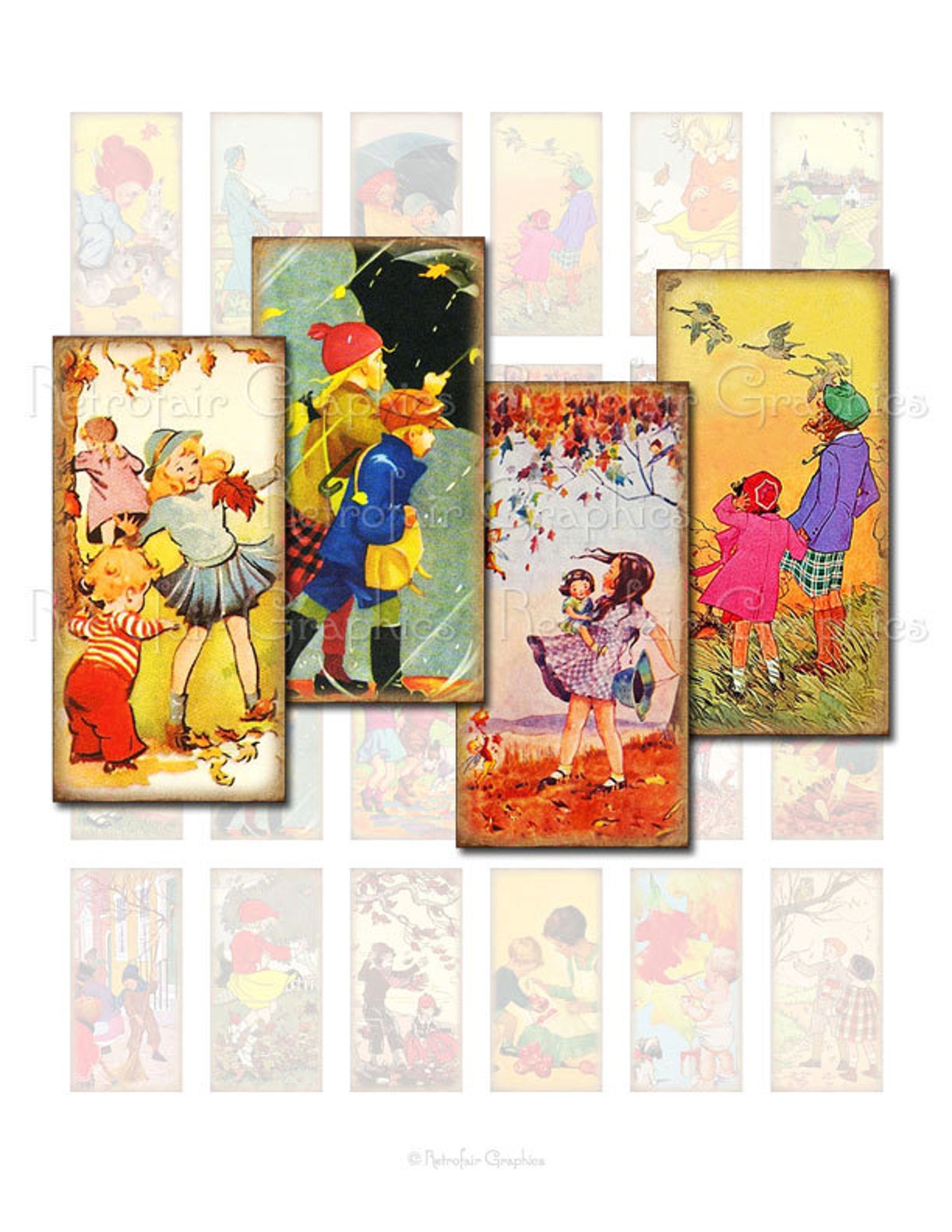 Autumn Children in Leaves Digital Collage Sheet, Domino Size 1x2 ...