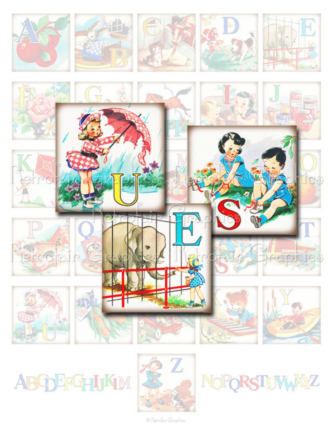 Digital Collage Sheet of Retro Alphabet Flashcards in 1.5 Inch Squares ...