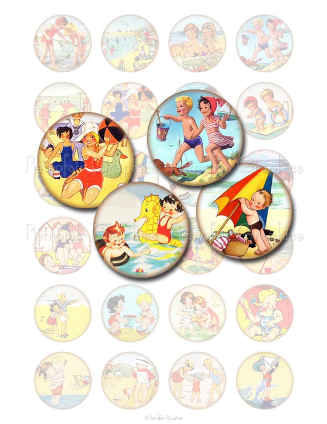 Summer Fun at the Beach Circles, Digital Collage Sheet of 1.5 Inch ...