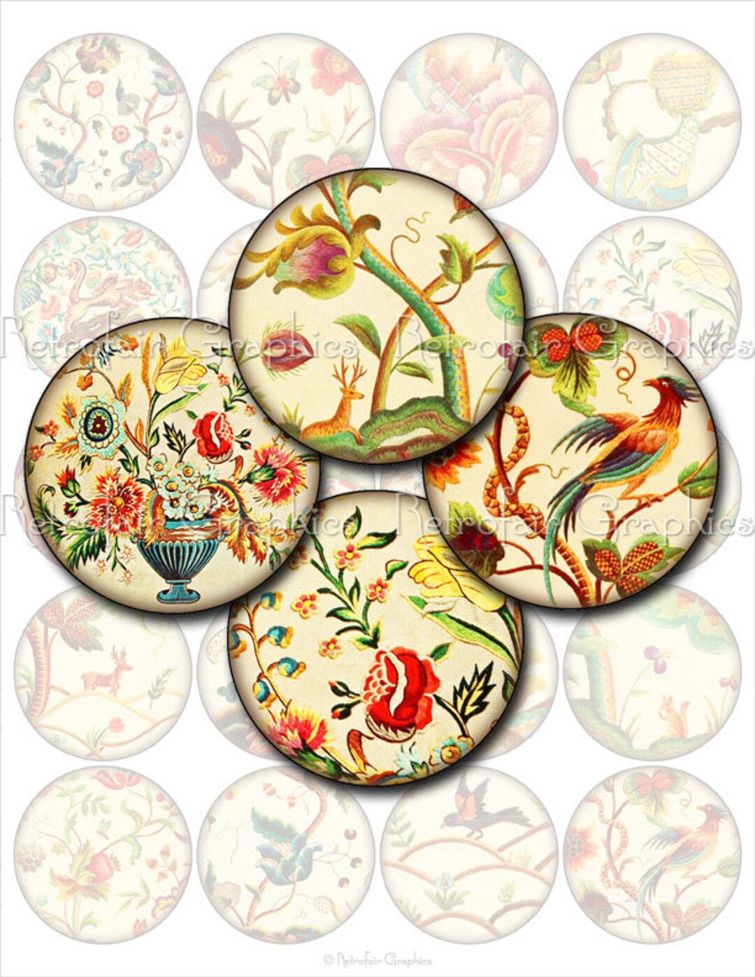 Tapestry Embroidery Designs, 2 Inch Circles Digital Collage Sheet ...