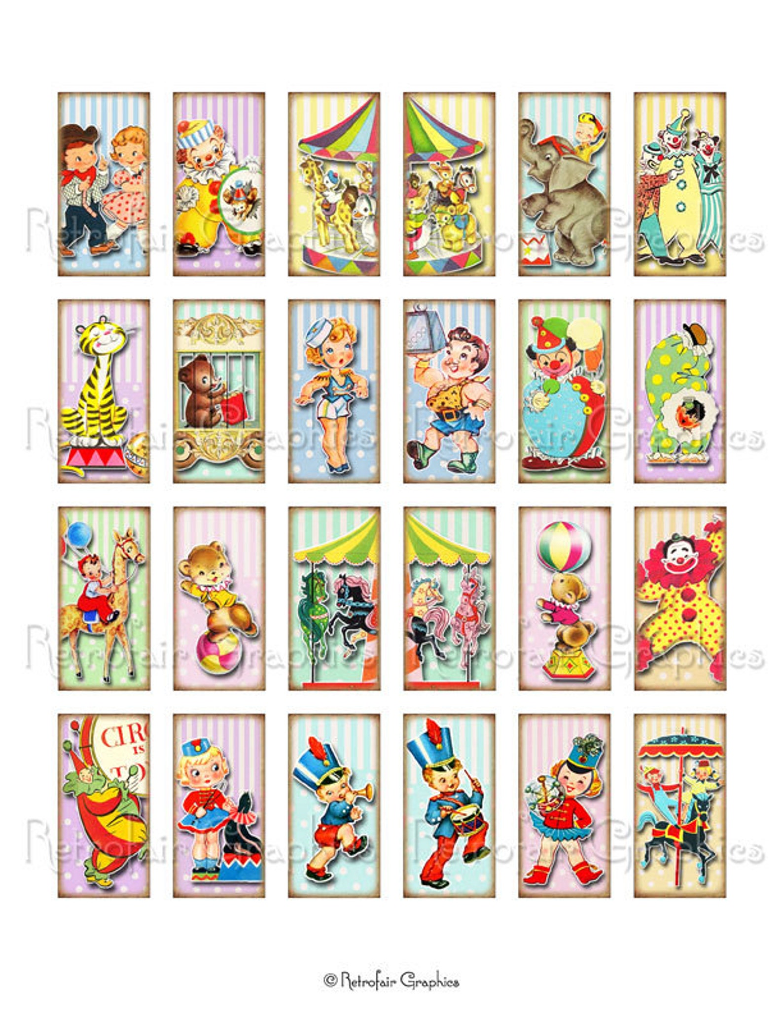 Circus Party Digital Collage Sheet, Domino Size 1x2, Clowns, Animals ...