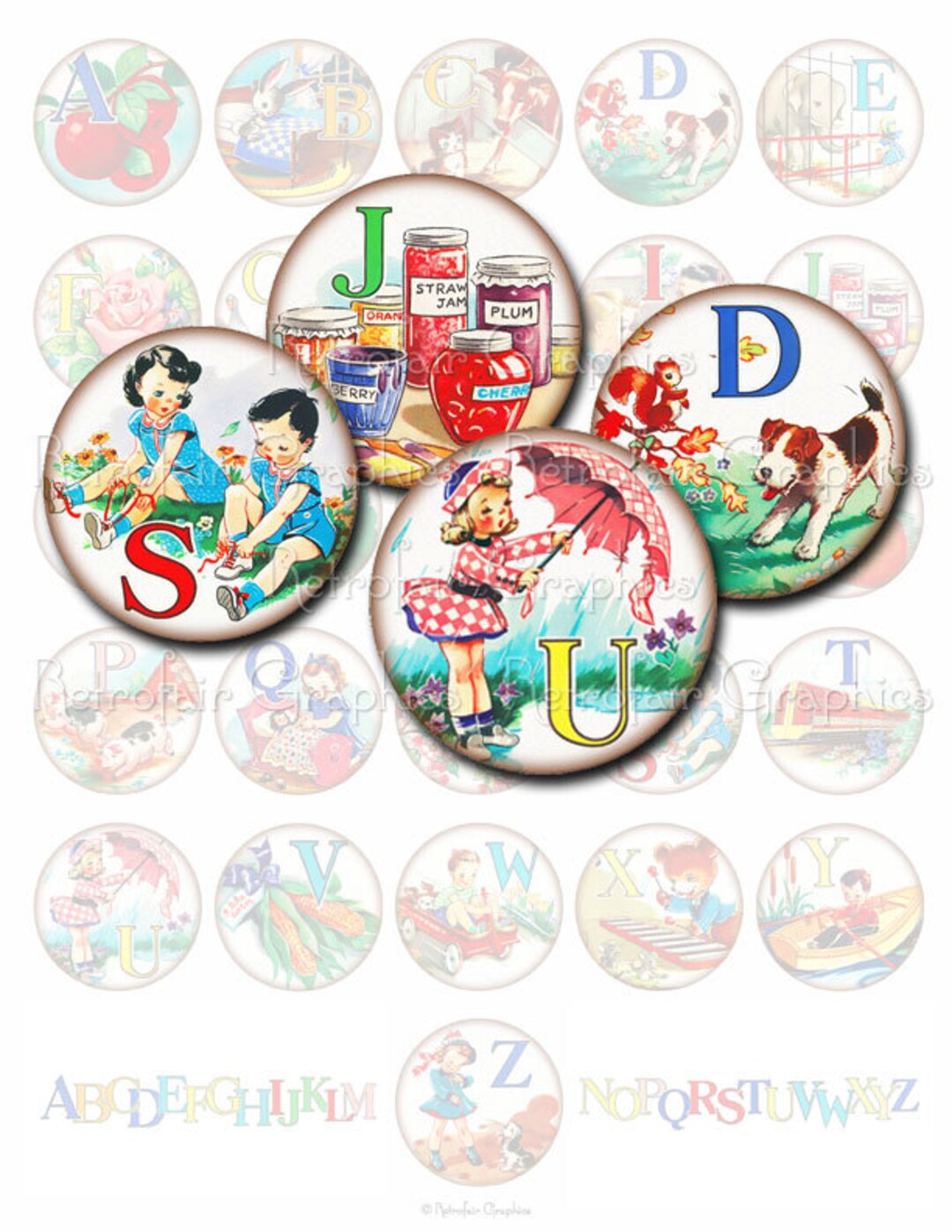 Digital Collage Sheet of Retro Alphabet Flashcards in 1.5 Inch Round ...