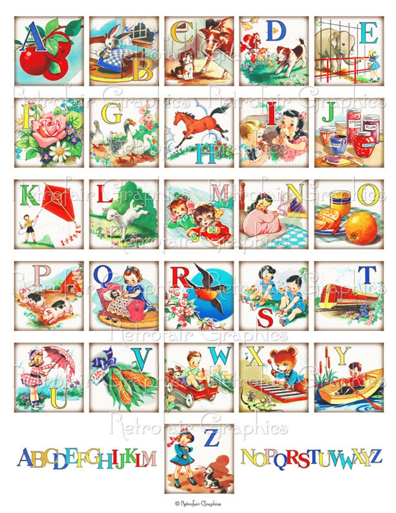 Digital Collage Sheet of Retro Alphabet Flashcards in 1.5 Inch Squares ...