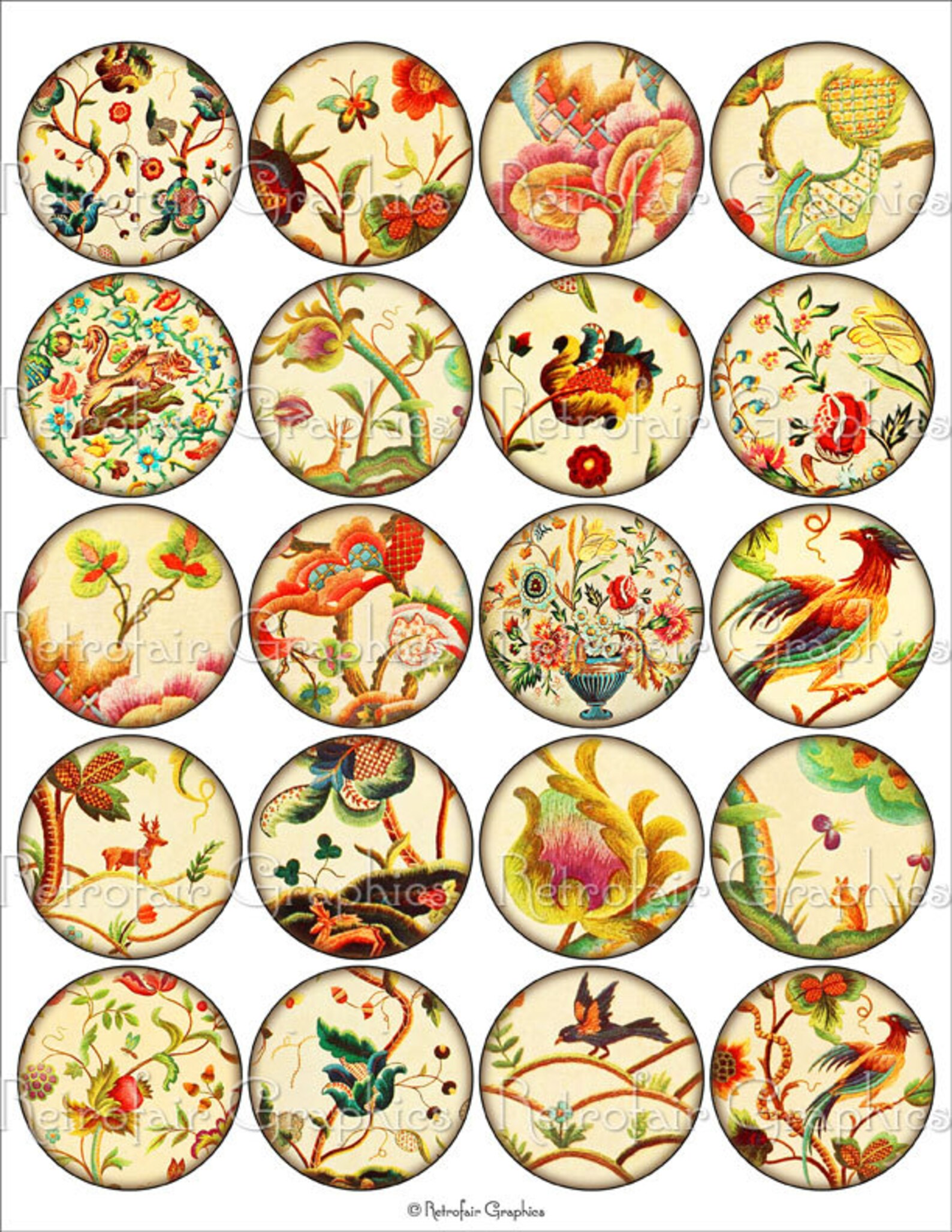 Tapestry Embroidery Designs, 2 Inch Circles Digital Collage Sheet ...