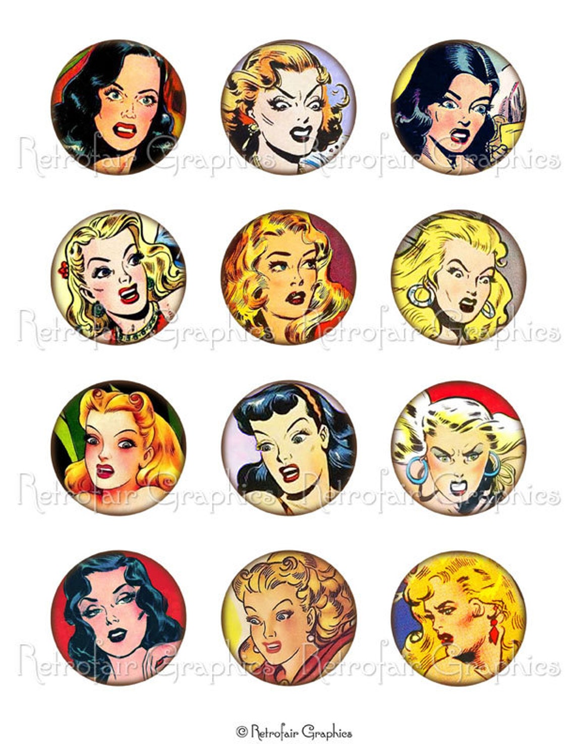 Comic Book Girls, 2 Inch Circles Digital Collage Sheet of Female ...