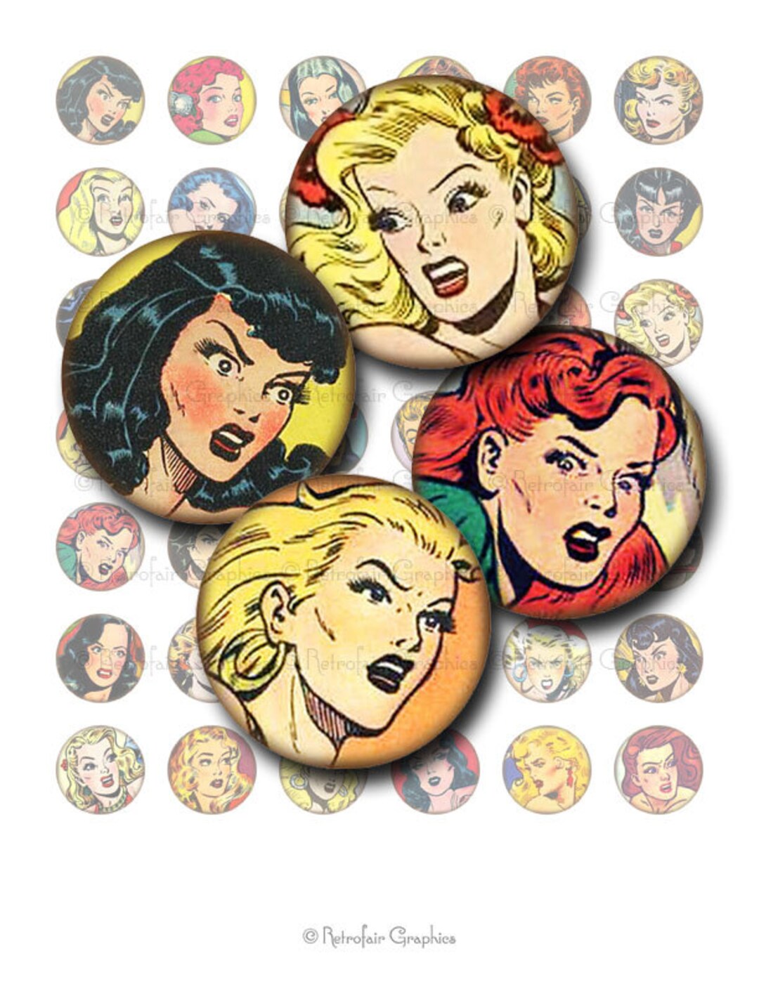 Instant Download, Vintage Comic Book Girls Avatars, 1 Inch Circle ...