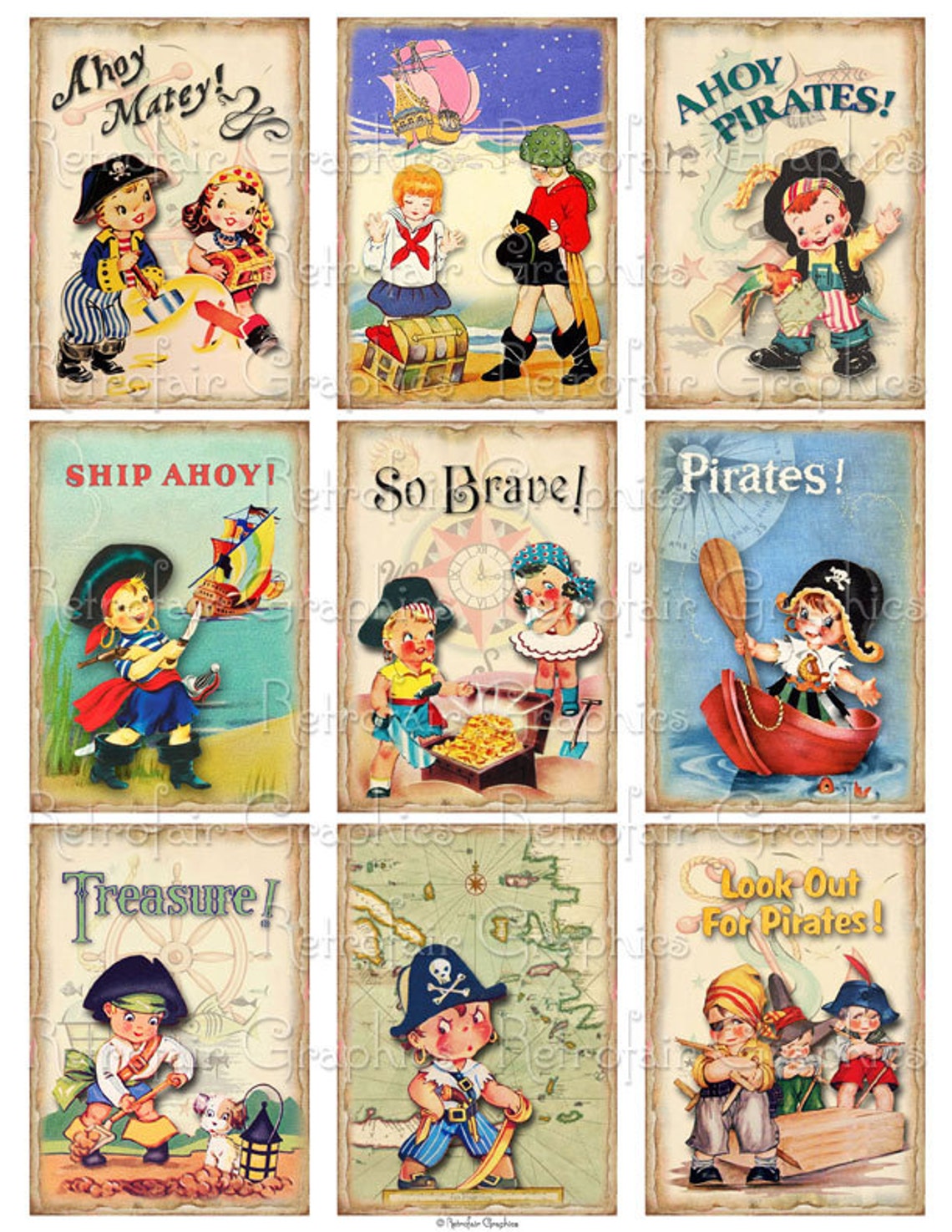 Pirates Party Digital Collage Sheet, Printable Page of Pirates Treasure ...