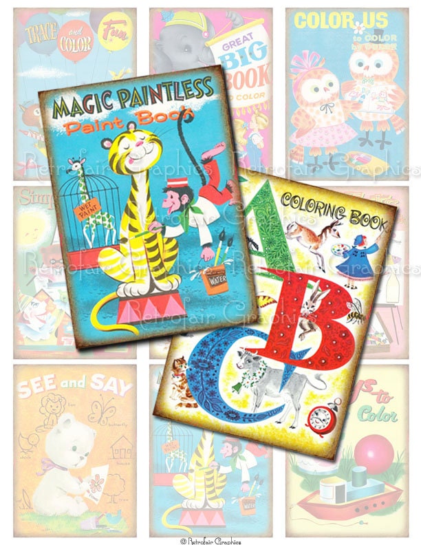 Instant Download, Retro Coloring Book Covers, ATC Digital Collage Sheet ...