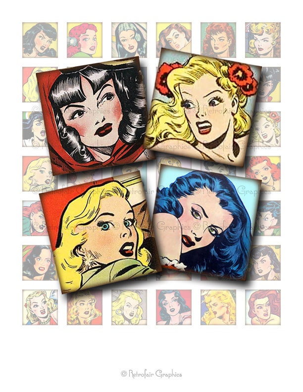 Instant Download, Vintage Comic Book Girls Avatars, 1 Inch Square ...