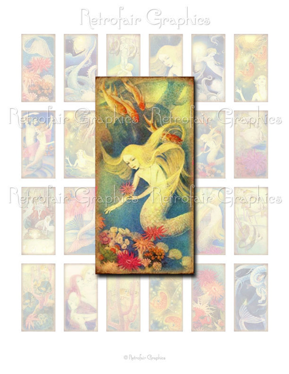 Vintage Little Mermaid Digital Collage Sheet, Domino Size 1x2, Instant ...