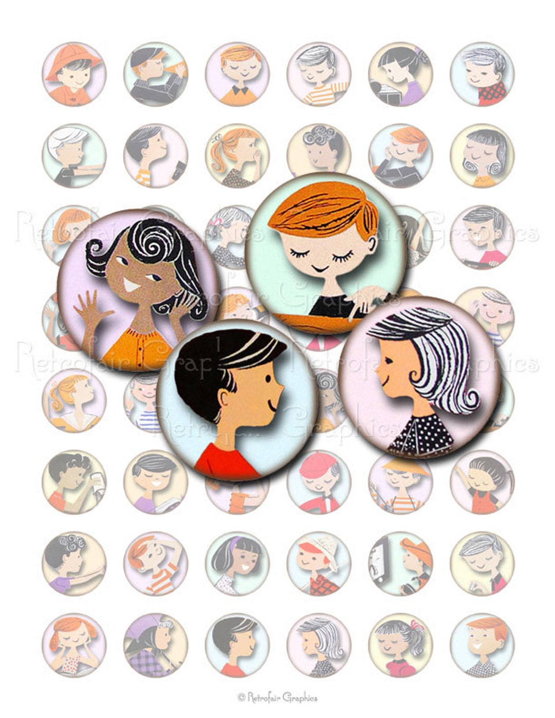 Retro Kids Portraits, 1 Inch Round Circle Digital Collage Sheet ...