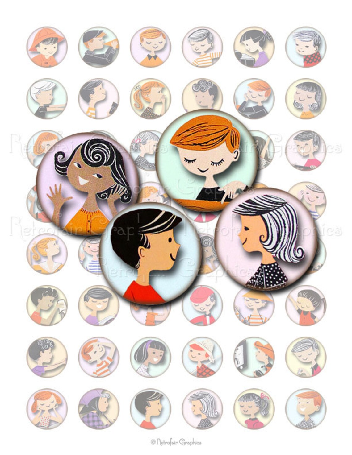 Retro Kids Portraits, 1 Inch Round Circle Digital Collage Sheet ...