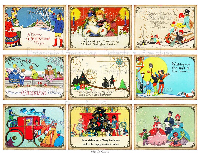 Art Deco Christmas Card Digital Collage Sheet, Printable Page of ...