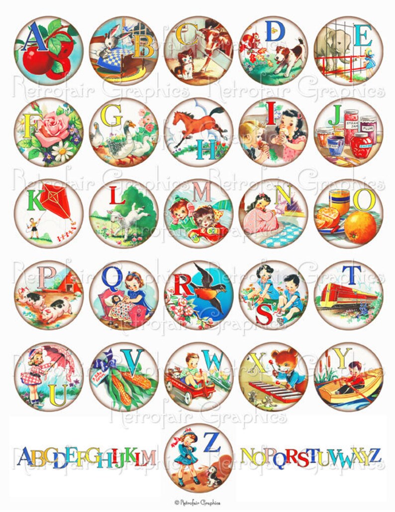 Digital Collage Sheet of Retro Alphabet Flashcards in 1.5 Inch Round ...