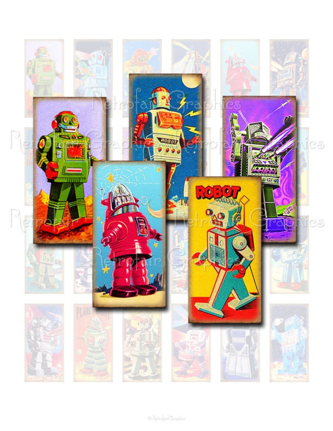 Retro Robots Digital Download Clip Art, Instant Printable Graphics, Sci ...