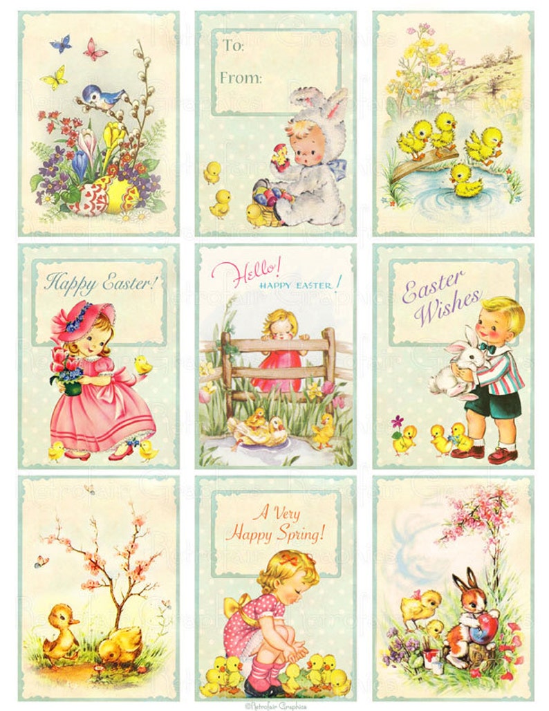 Vintage Inspired Easter Greeting Card Tags, ATC Digital Collage Sheet ...