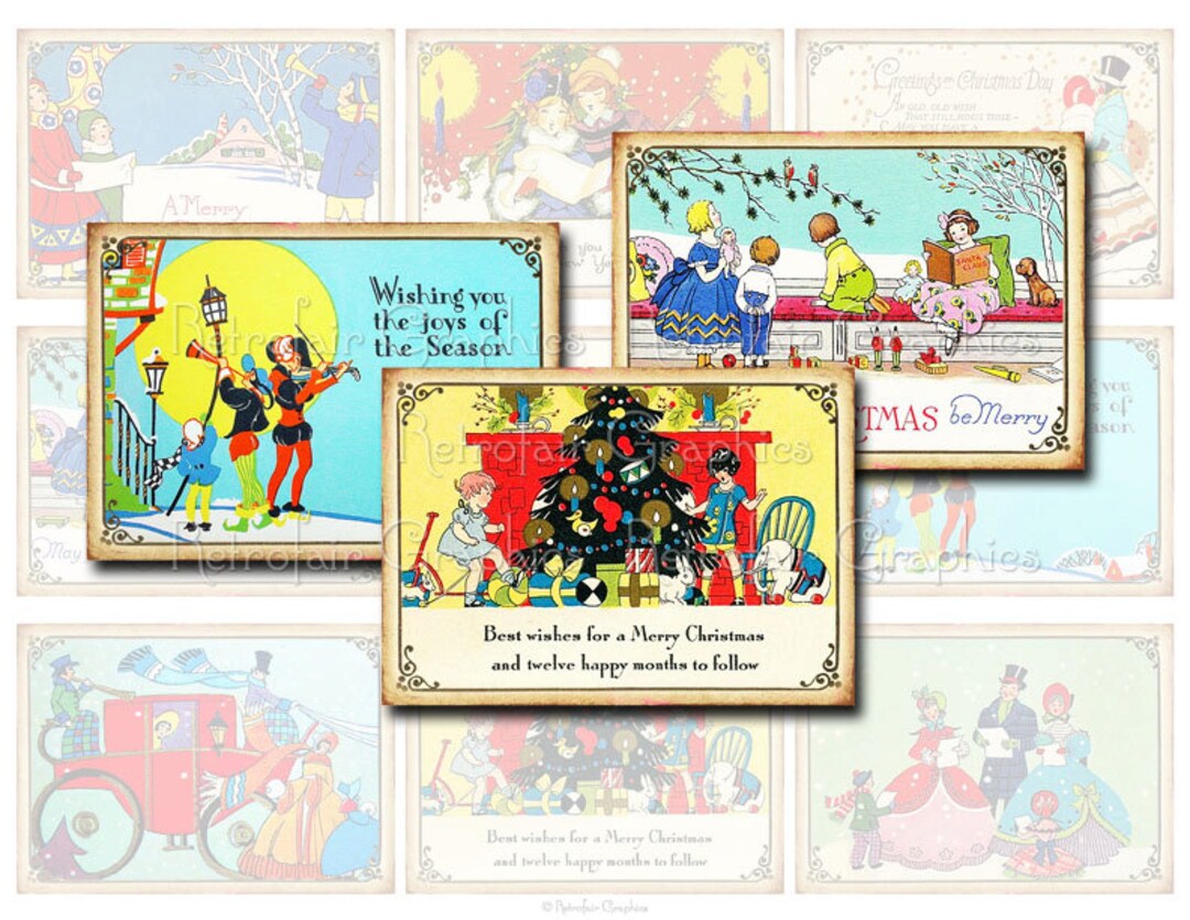 Art Deco Christmas Card Digital Collage Sheet, Printable Page of ...