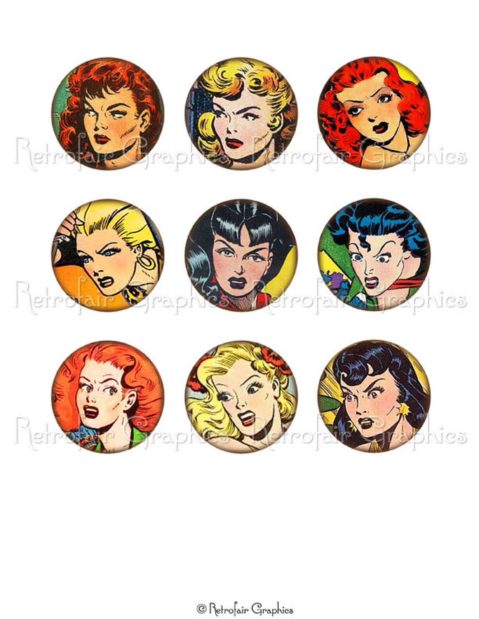Comic Book Girls, 2 Inch Circles Digital Collage Sheet of Female ...