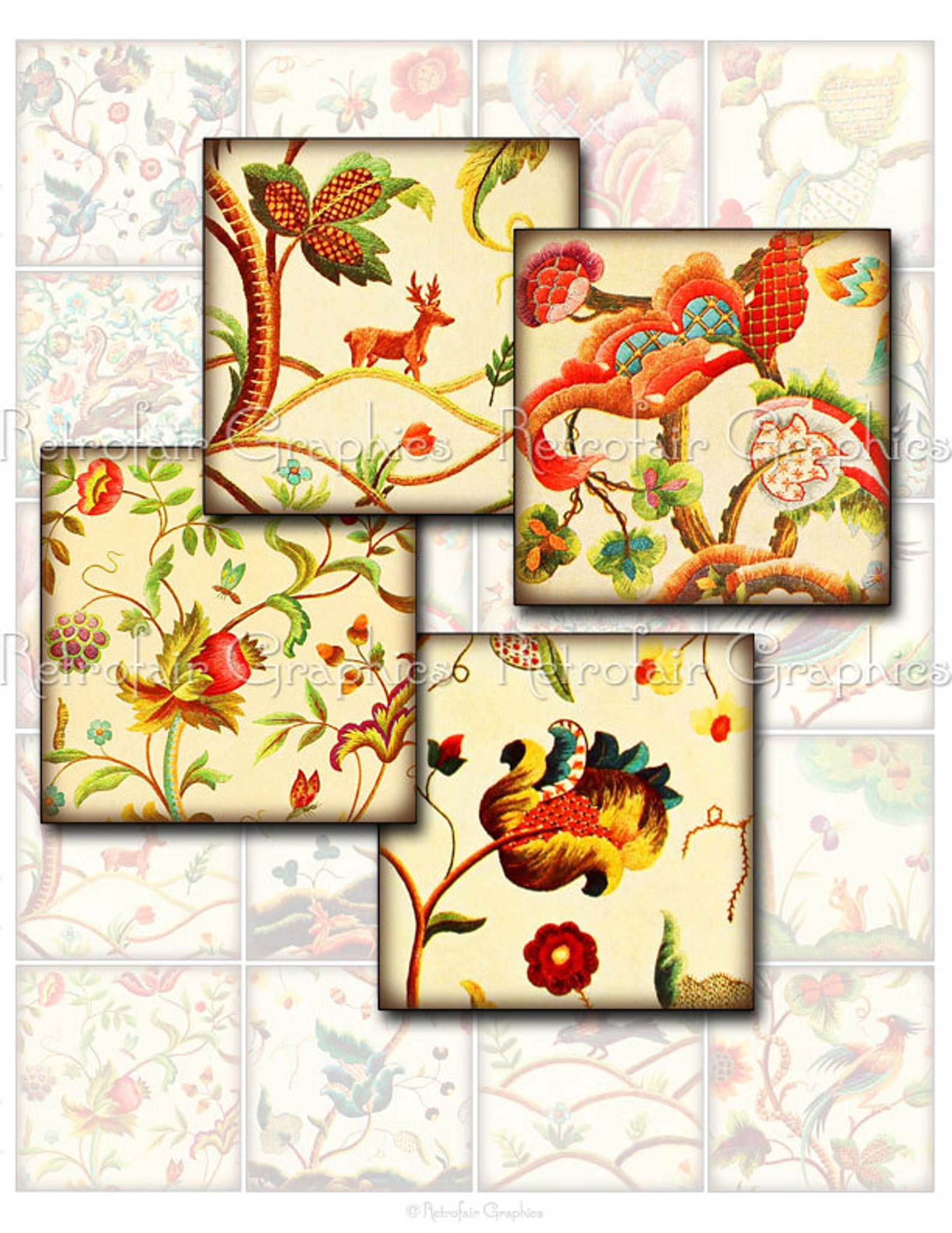 Tapestry Embroidery Designs, 2 Inch Squares Digital Collage Sheet ...