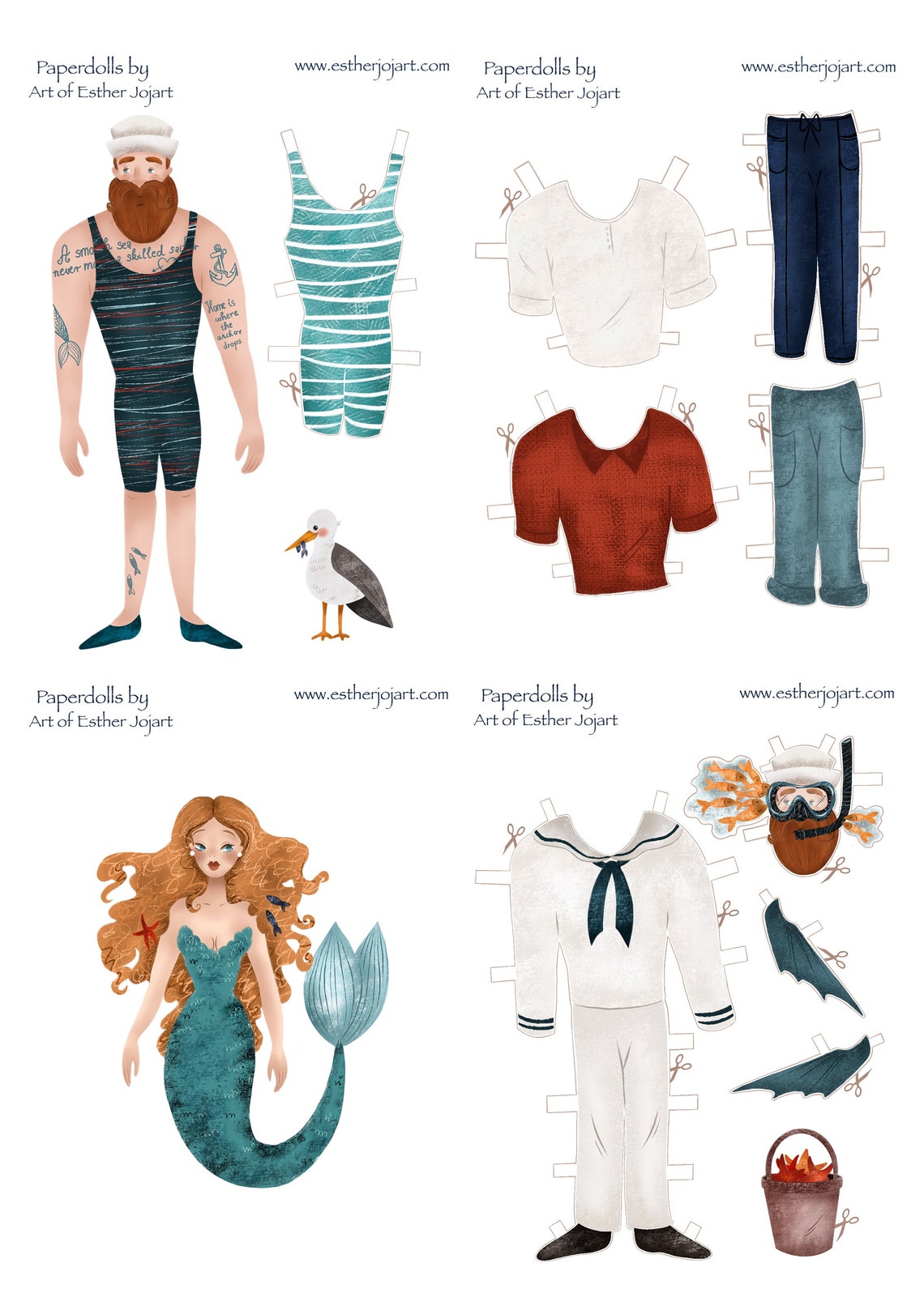 Printable Paper Doll Set Sailor and Mermaid Instant Download | Etsy