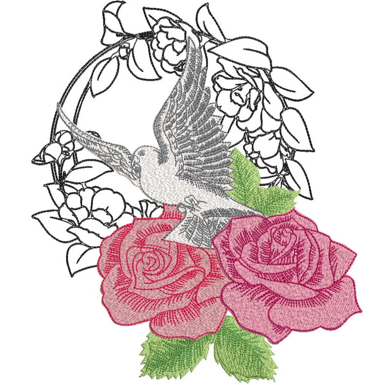 Dove Floral Wreath Rose Dove Wreath Machine Embroidery | Etsy