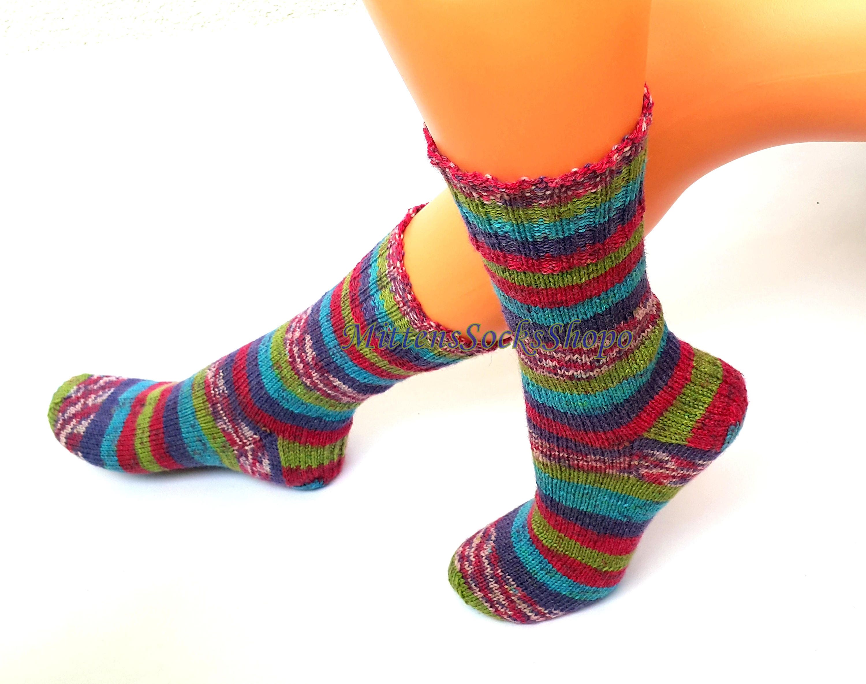 Blue Red Green Socks, Hand Knit Socks, Wool Socks, Striped Womens Socks ...