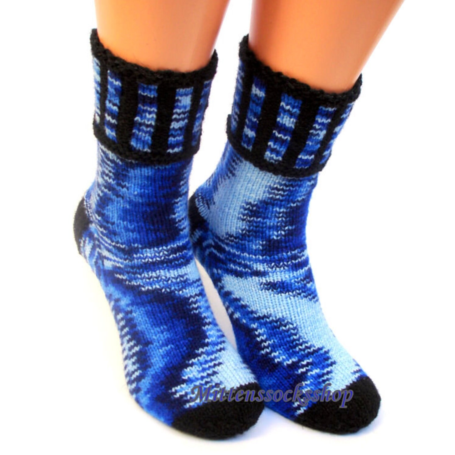 Hand Knitted Blue Black Socks, Blue Womens Socks, Blue Girls Socks ...