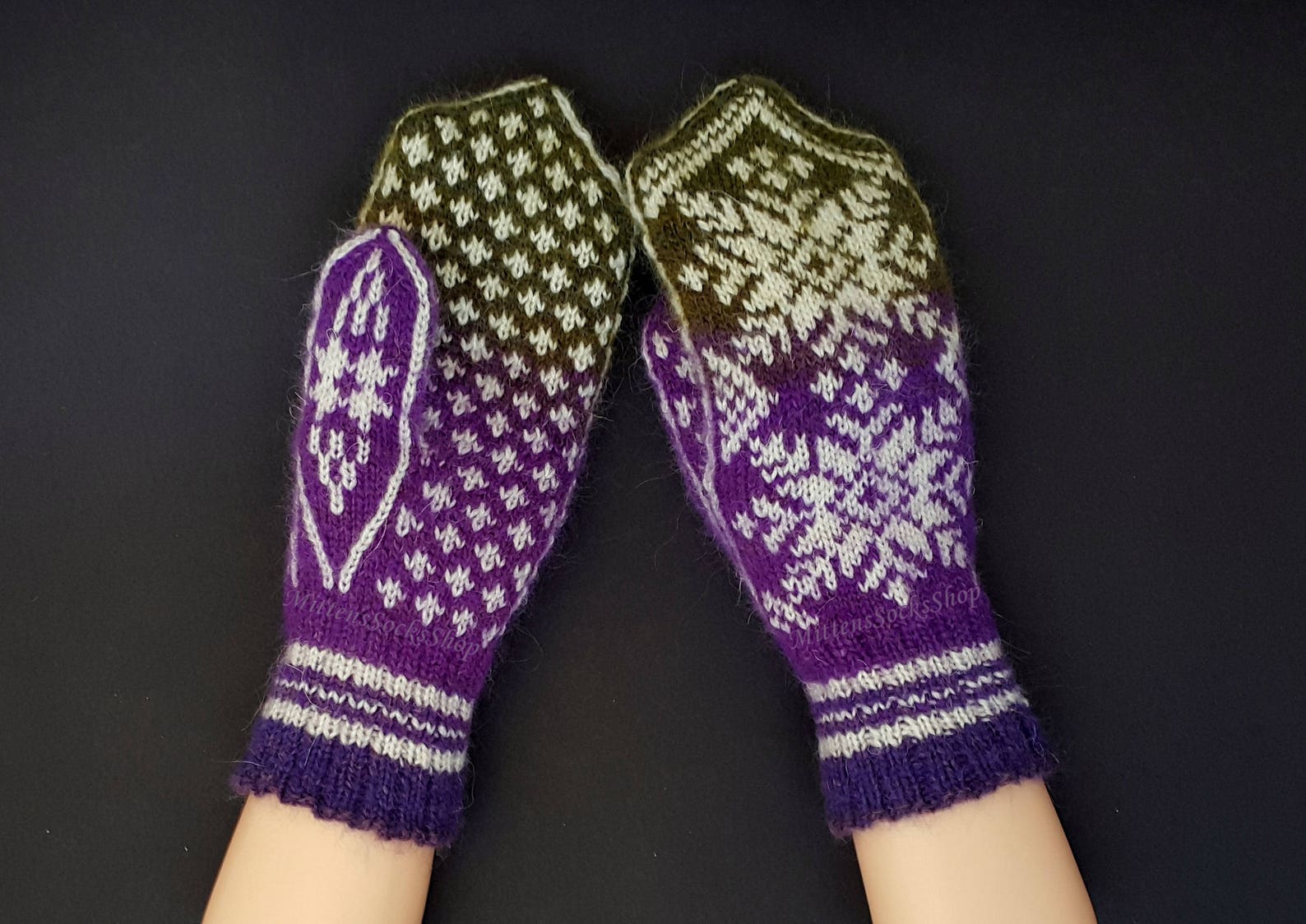 Purple White Green Mittens Knitted Nordic Mittens - Etsy