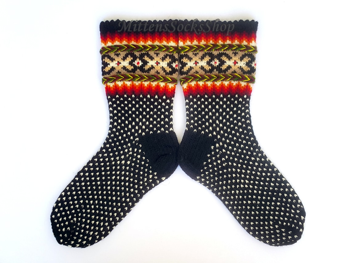 Black White Hand Knitted Wool Socks Knitted Socks With Pattern - Etsy