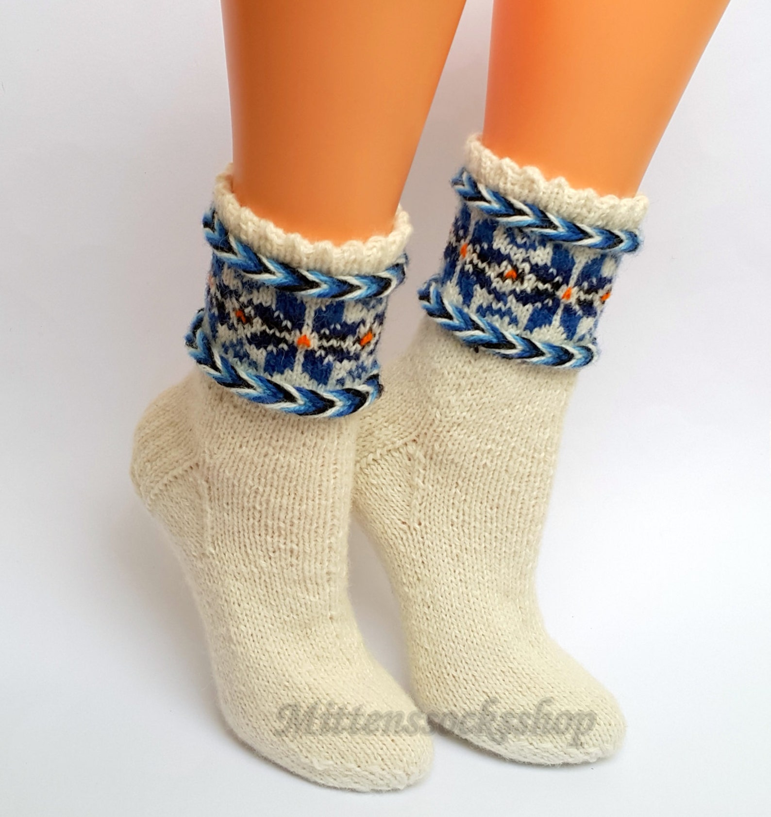 White Blue Hand Knitted Wool Socks White Blue Womens Socks - Etsy