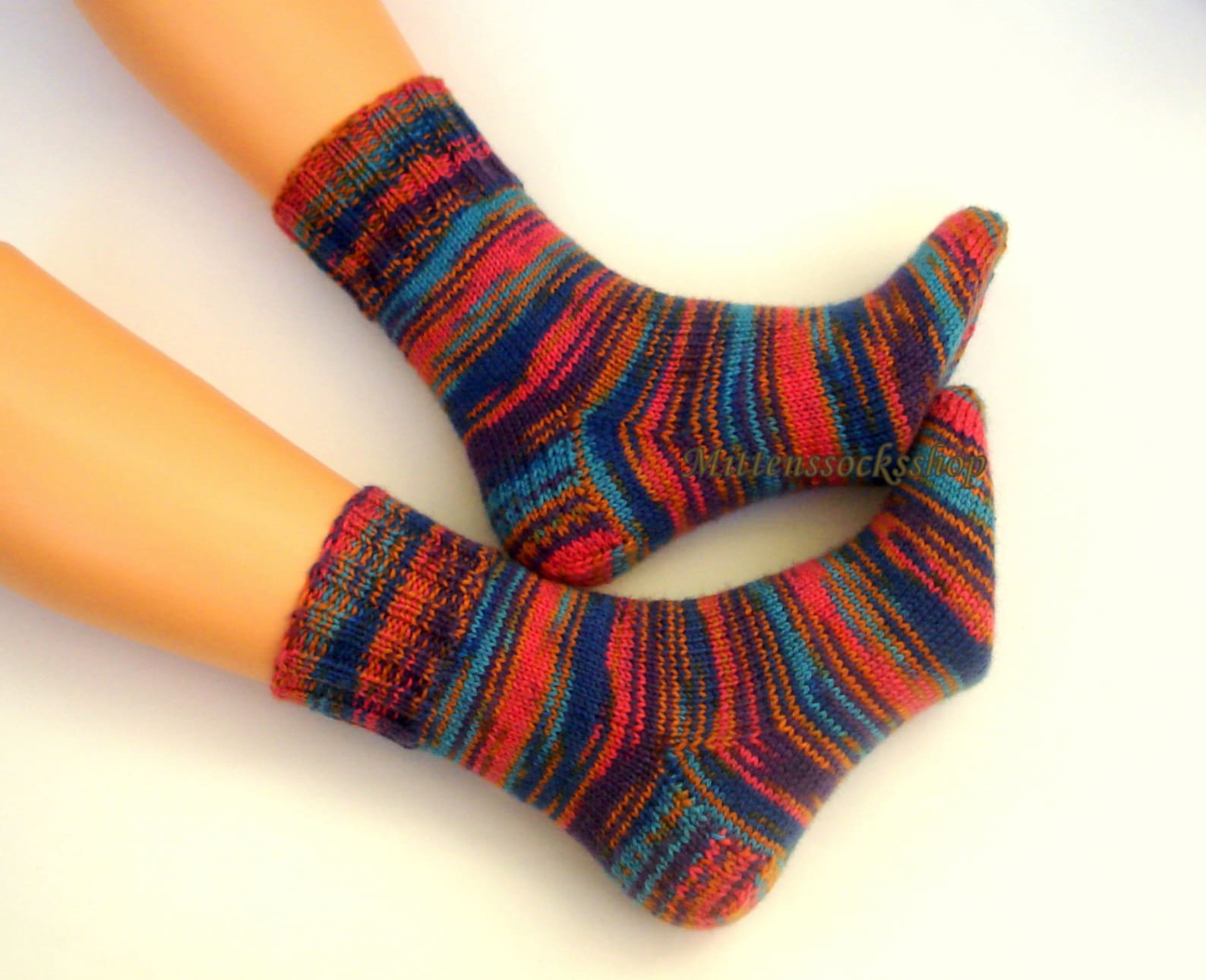 Blue Red Hand Knitted Socks Blue Red Women's Socks Blue - Etsy
