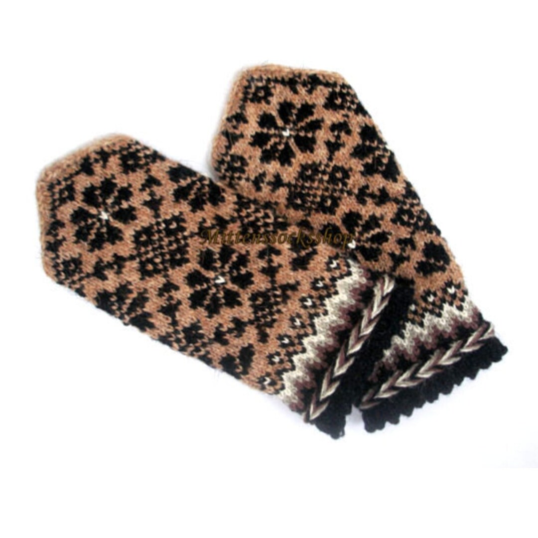 Beige Black Hand Knitted Wool Mittens, Latvian Mittens, Beige Black ...