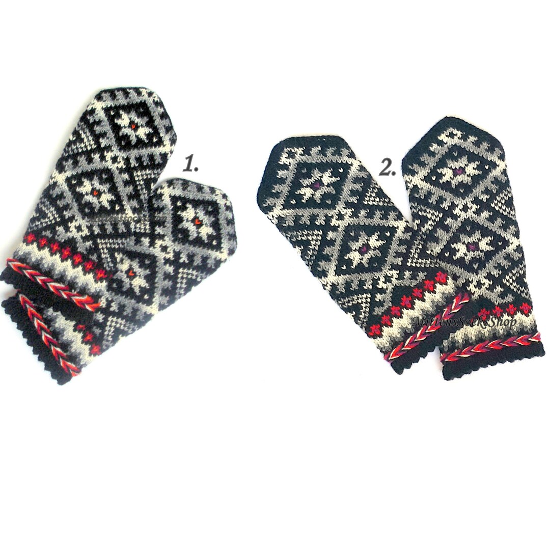 White Gray Black Hand Knit Wool Mittens, Latvian Mittens, Scandinavian ...