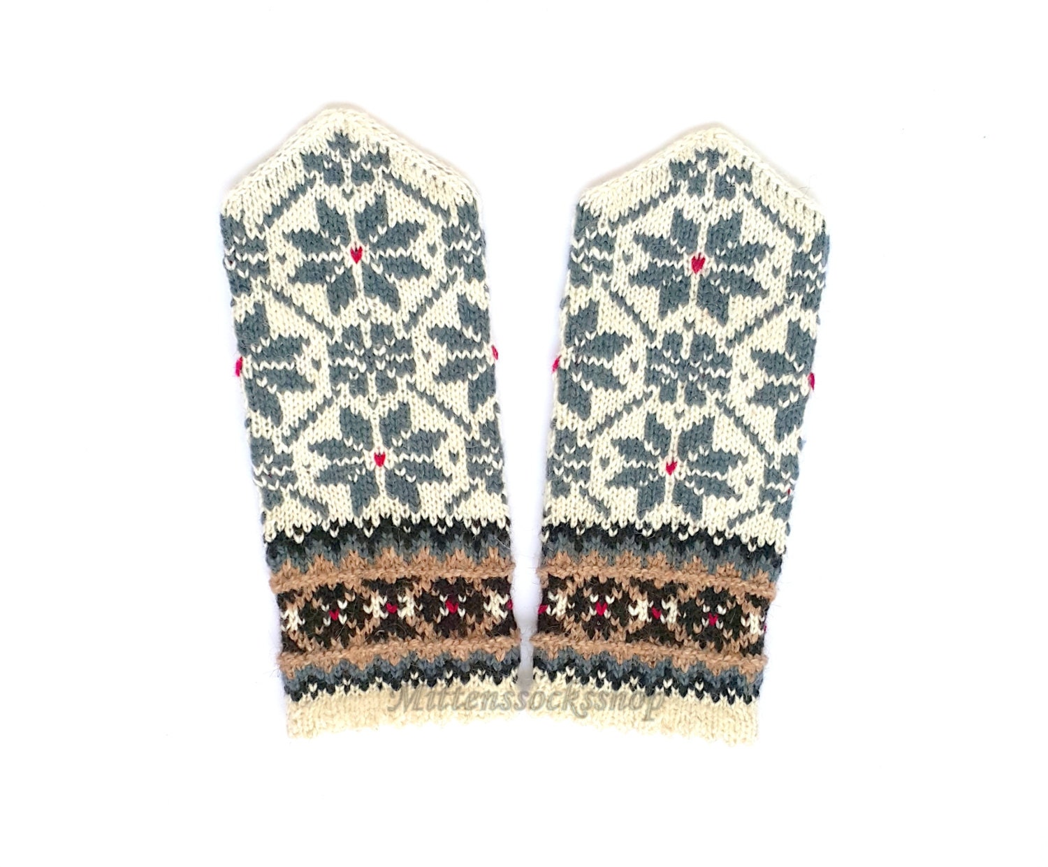 Gray White Hand Knitted Mittens, Wool Mittens, Latvian Mittens, Hand ...