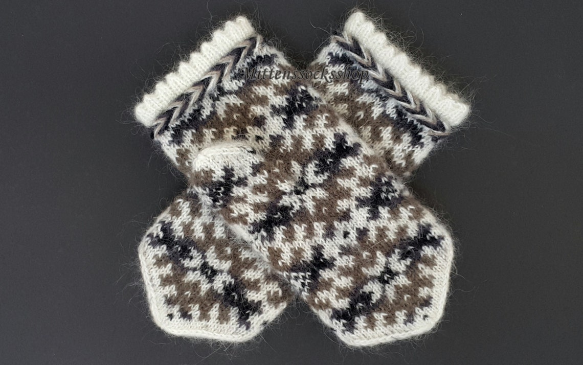 White Brown Gray Black Mohair Mittens, Hand Knitted Mohair Mittens ...