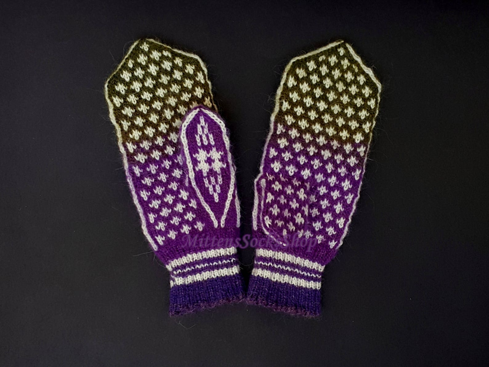 Purple White Green Mittens Knitted Nordic Mittens - Etsy