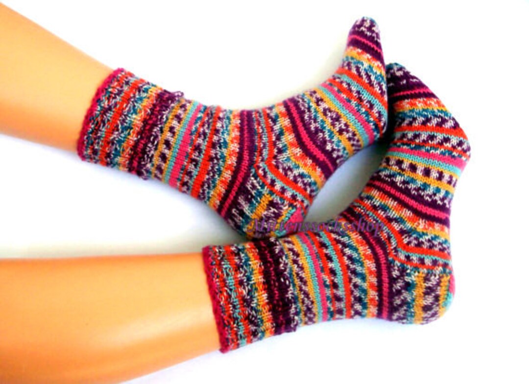 Multicolor Socks, Hand Knit Socks, Wool Socks, Striped Colorful Socks ...