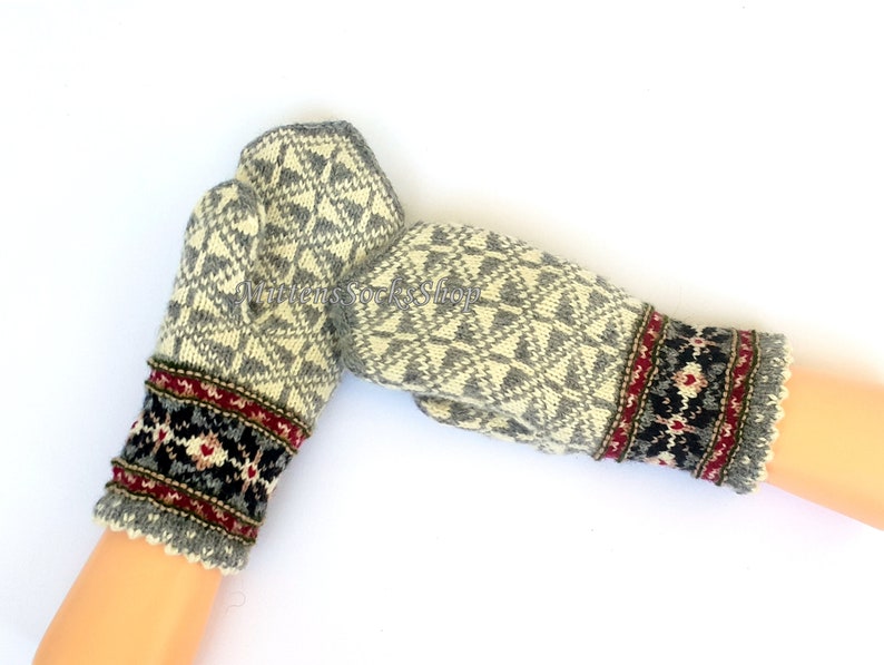 White Gray Mittens Hand Knitted Wool Mittens Hand Knitted - Etsy