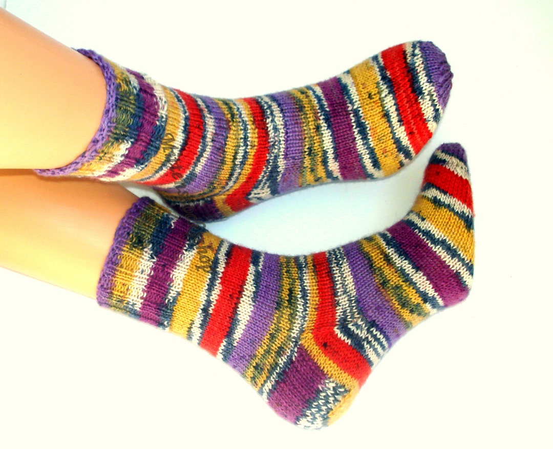 Purple Red Yellow Socks, Hand Knitted Socks, Striped Socks, Womens ...
