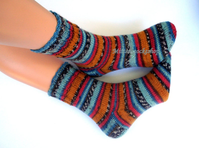 Hand Knitted Wool Socks: Blue Yellow Striped Winter Socks - Etsy UK