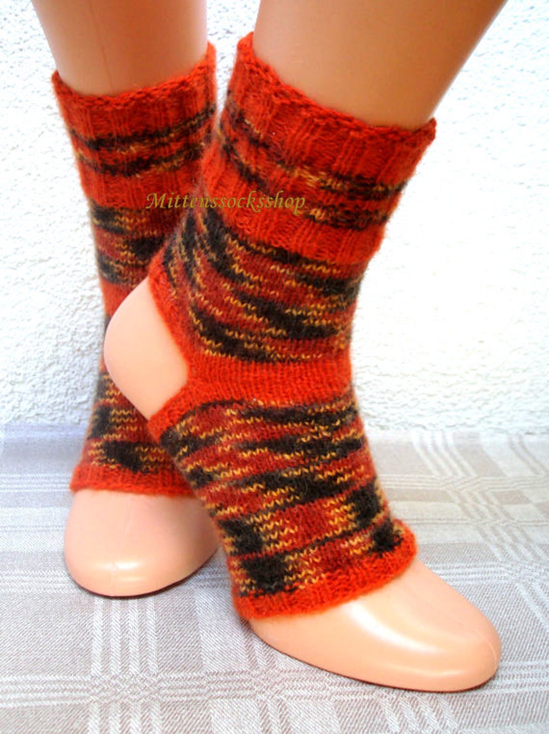 Hand Knitted Orange Black Yoga Socks, Angora Wool Womens Yoga Socks ...