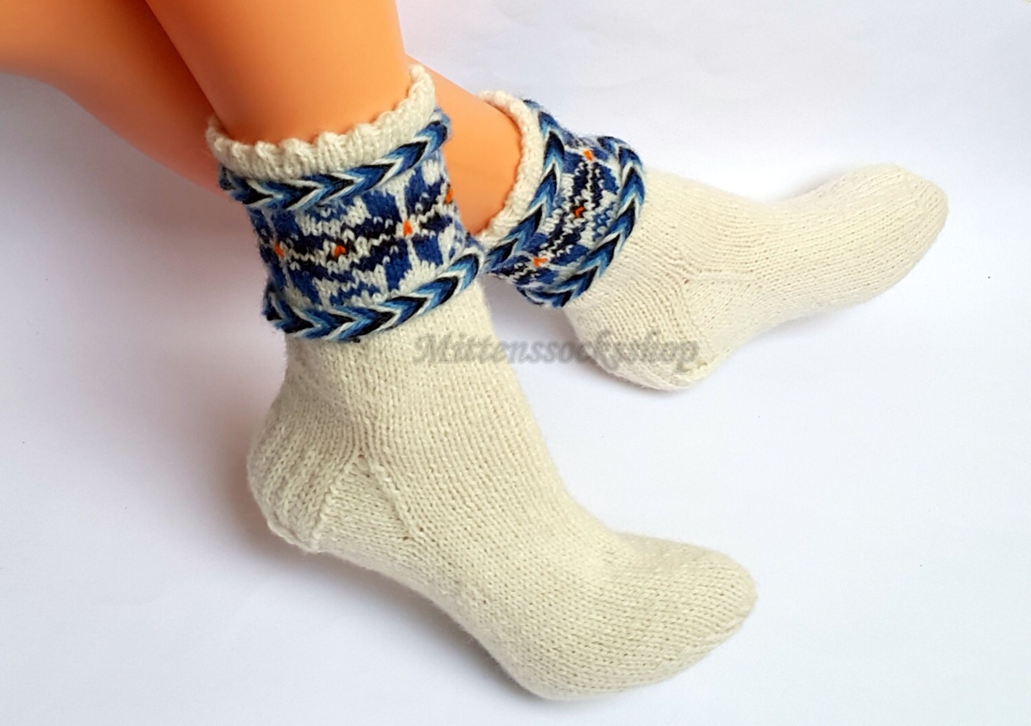 White Blue Hand Knitted Wool Socks White Blue Womens Socks - Etsy