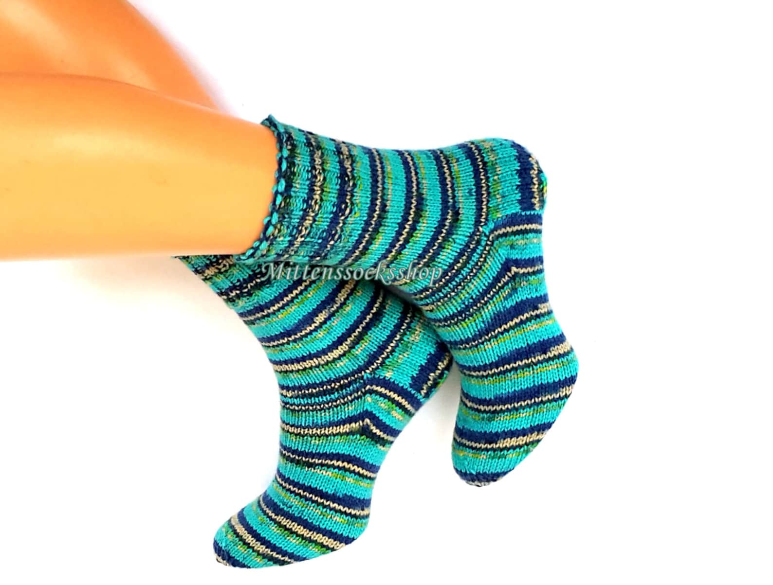 Blue White Hand Knitted Socks, Blue White Womens Socks, Striped Girls ...