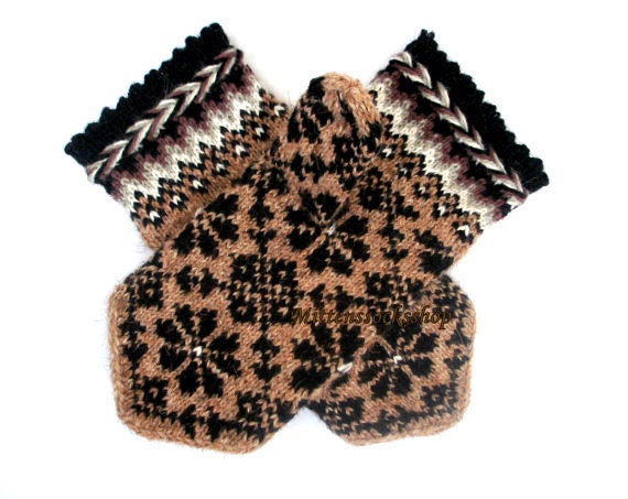 Beige Black Hand Knitted Wool Mittens, Latvian Mittens, Beige Black ...