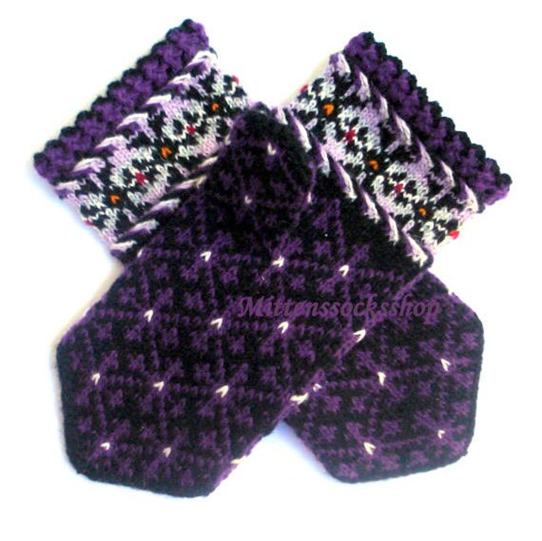 Purple Black Mittens, Hand Knit Wool Mittens, Purple Black Gloves ...