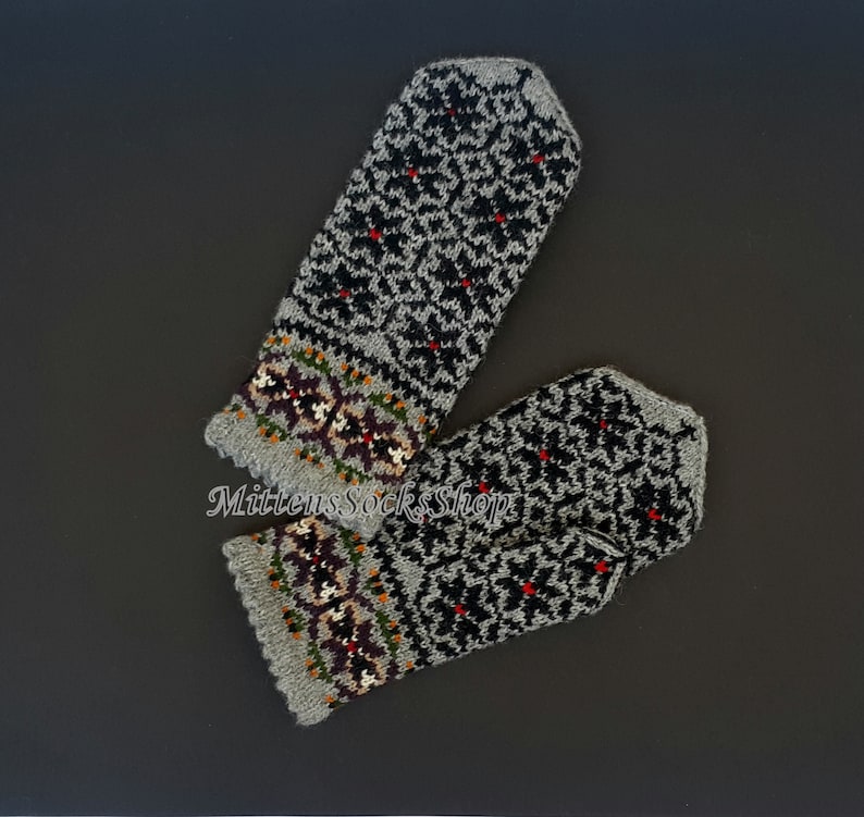 Hand Knit Wool Latvian Mittens: Gray Black Scandinavian Warm Winter ...