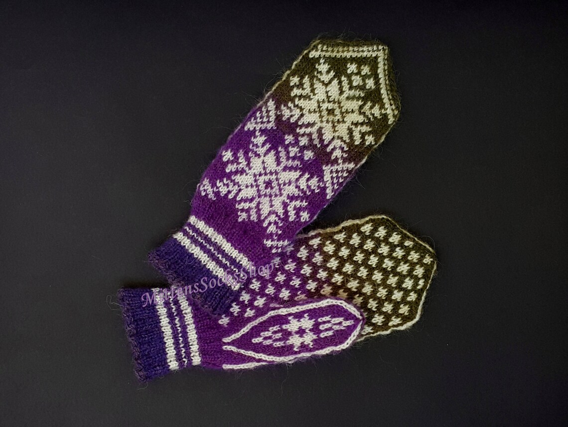 Purple White Green Mittens Knitted Nordic Mittens - Etsy